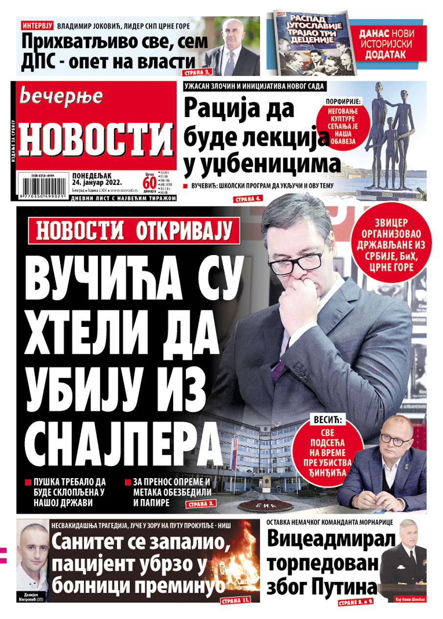 Večernje novosti - Naslovna strana - Štampano izdanje za 24.01.2022 ...