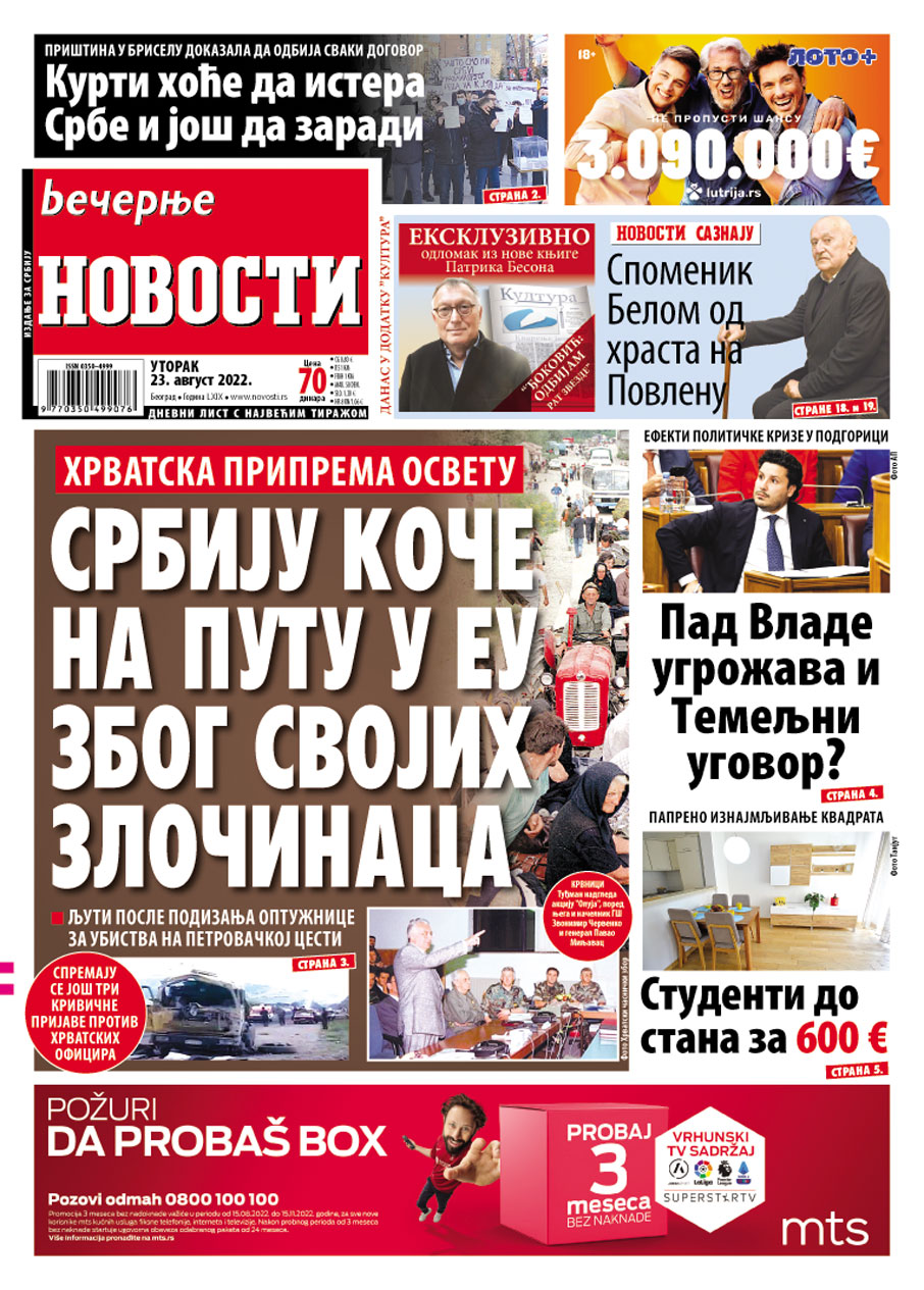 Večernje novosti - Naslovna strana - Štampano izdanje za 23.08.2022 ...