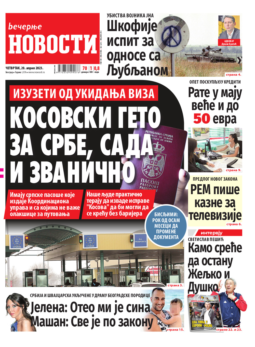 Večernje novosti - Naslovna strana - Štampano izdanje za 20.04.2023 ...