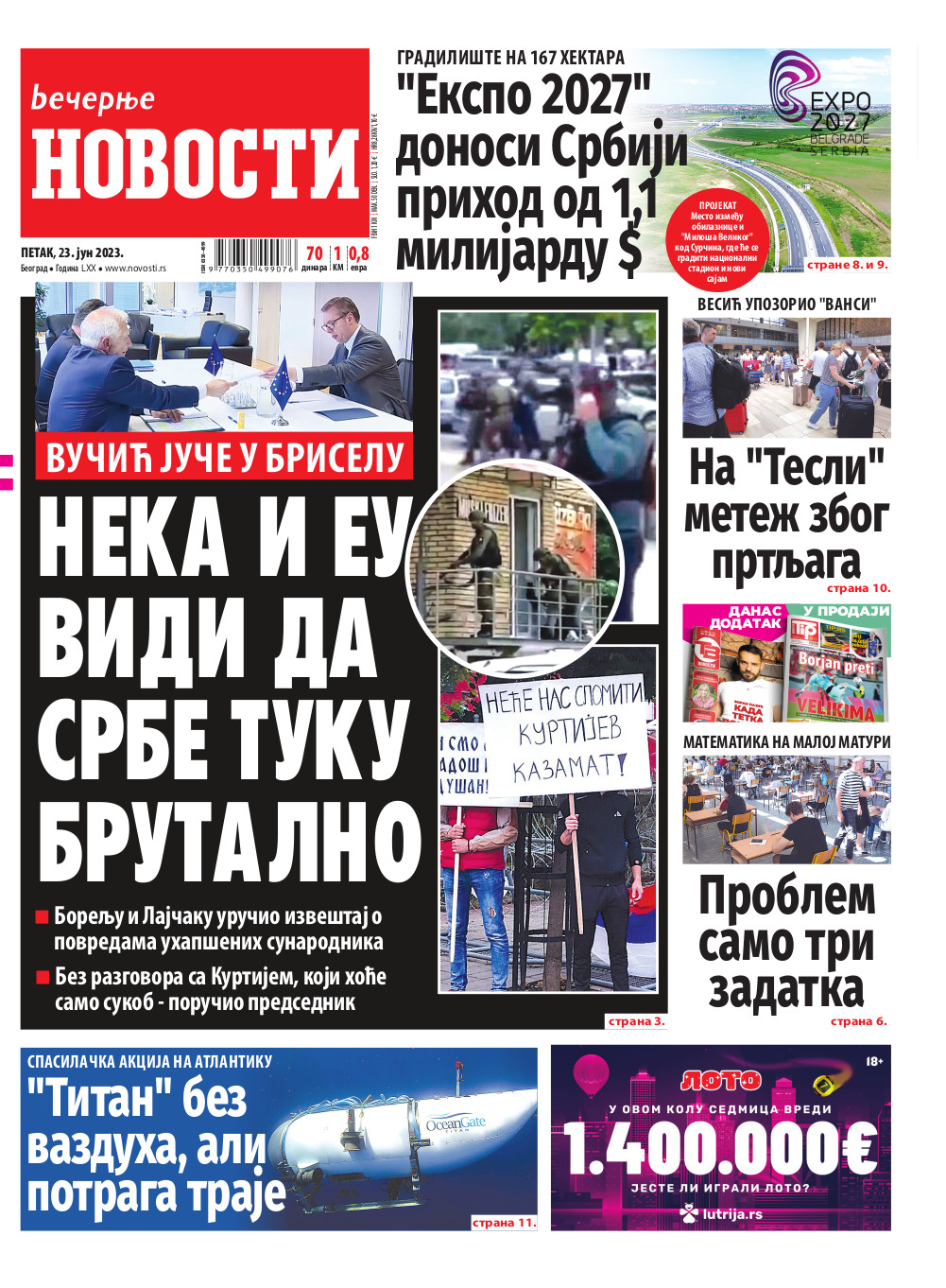 Večernje novosti - Naslovna strana - Štampano izdanje za 23.06.2023 ...