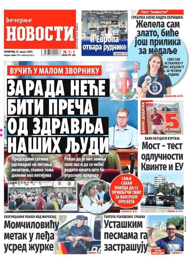 Večernje novosti - Naslovna strana - Štampano izdanje za 15.08.2024 ...