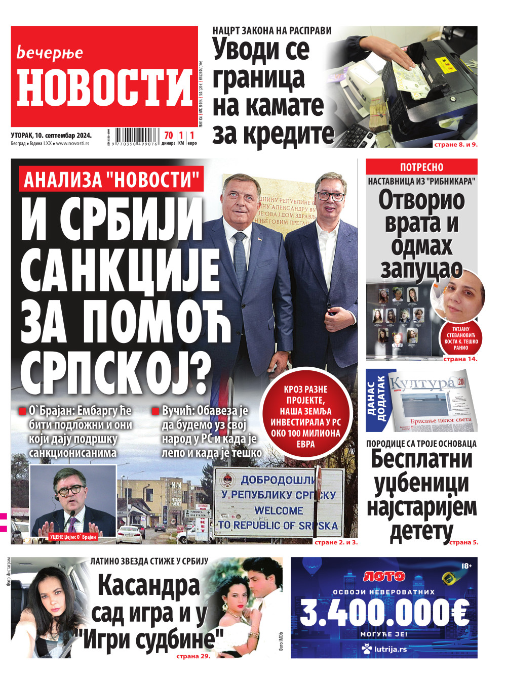 Večernje novosti - Naslovna strana - Štampano izdanje za 10.09.2024 ...
