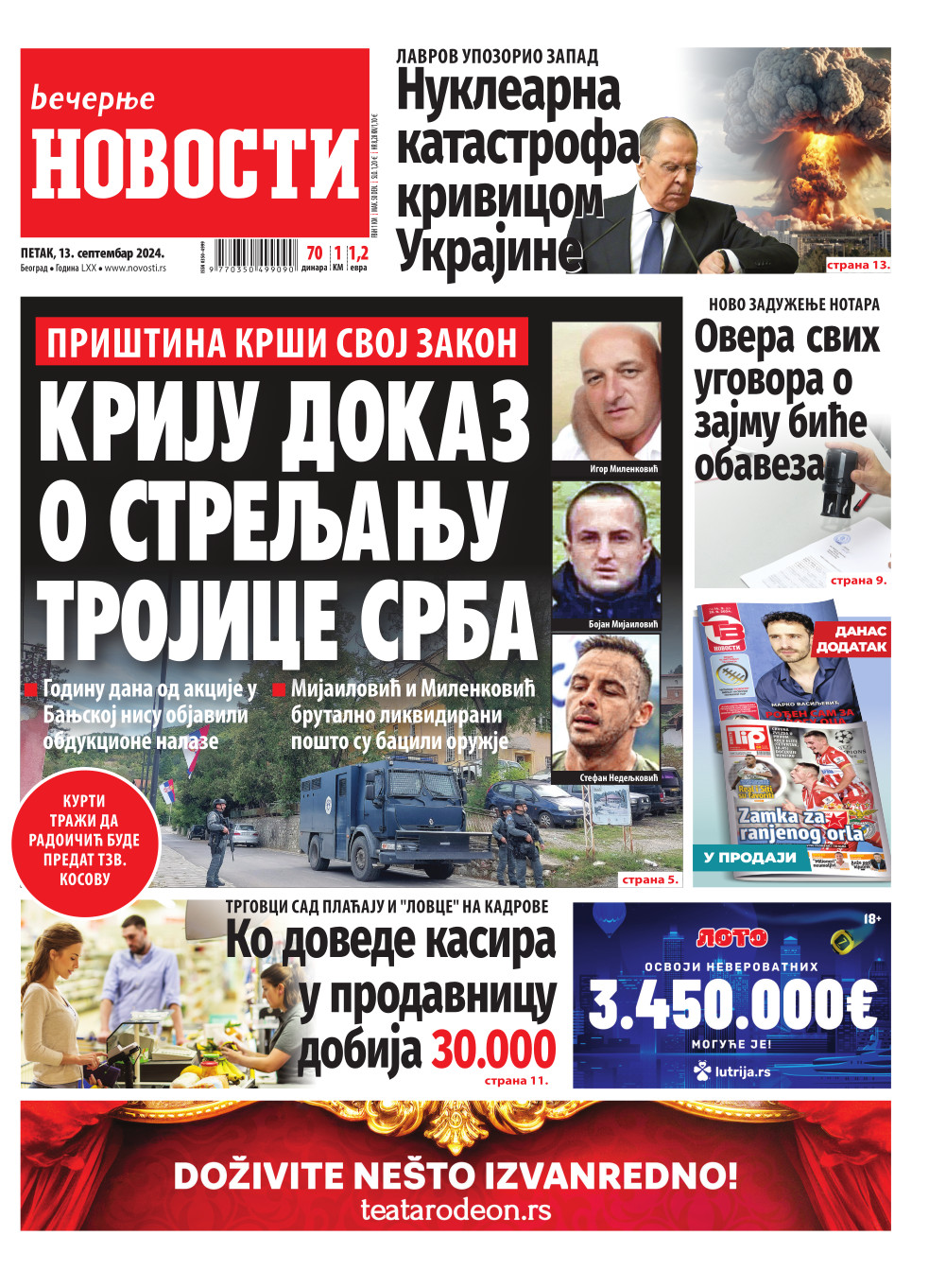 Večernje novosti - Naslovna strana - Štampano izdanje za 13.09.2024 ...