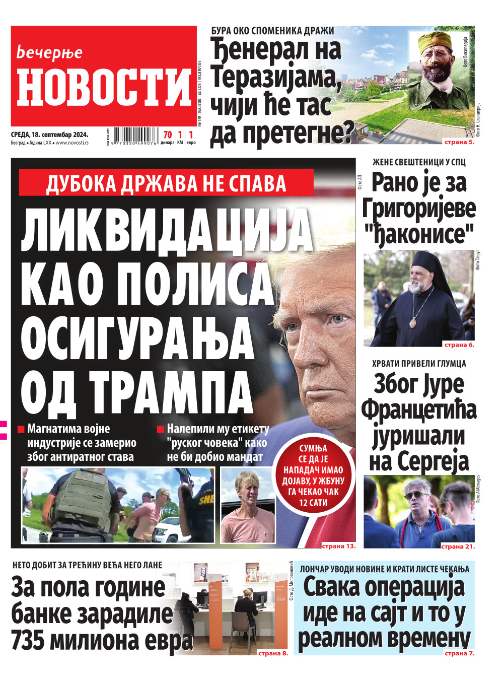 Večernje novosti - Naslovna strana - Štampano izdanje za 18.09.2024 ...