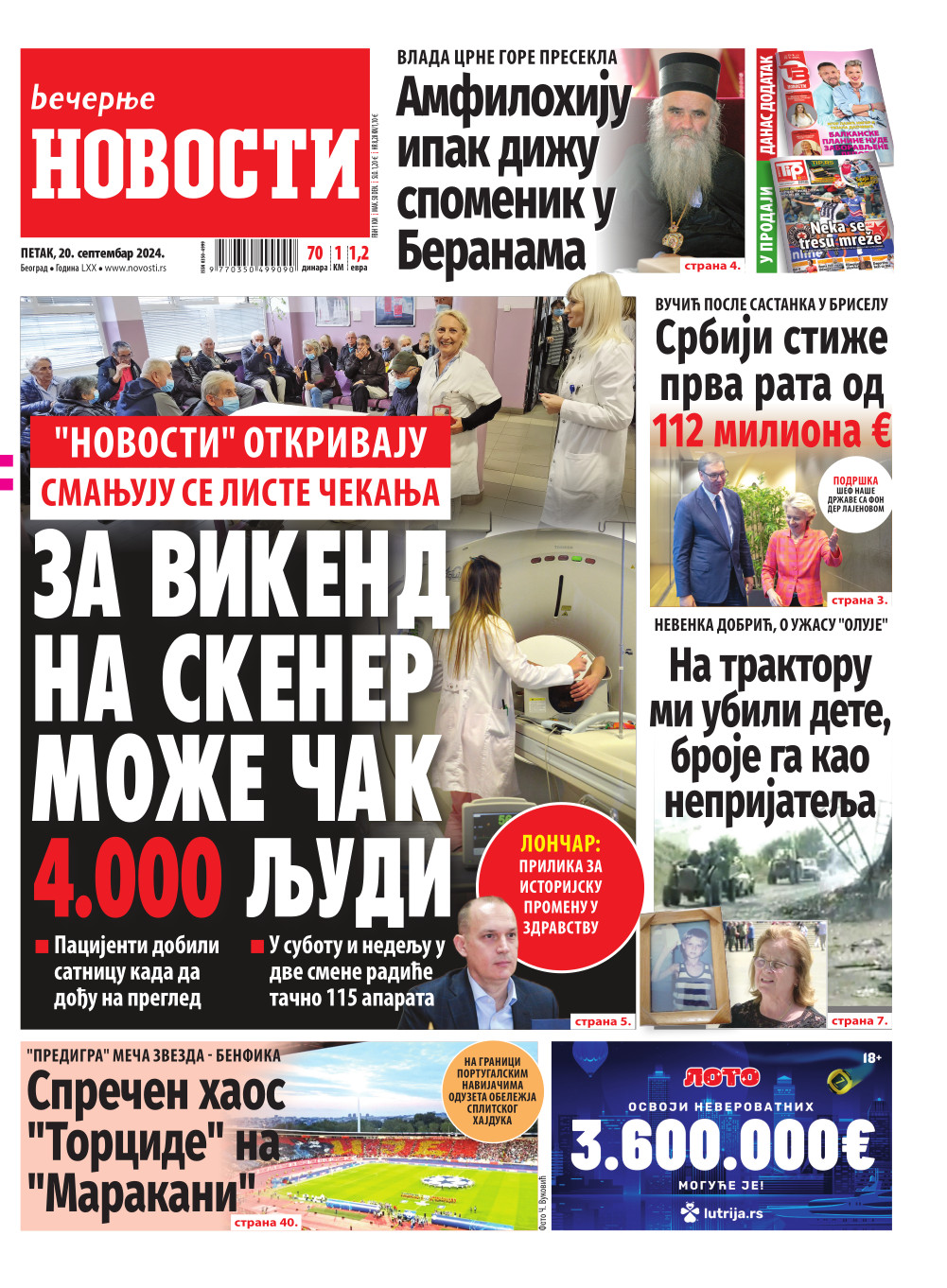 Večernje novosti - Naslovna strana - Štampano izdanje za 20.09.2024 ...