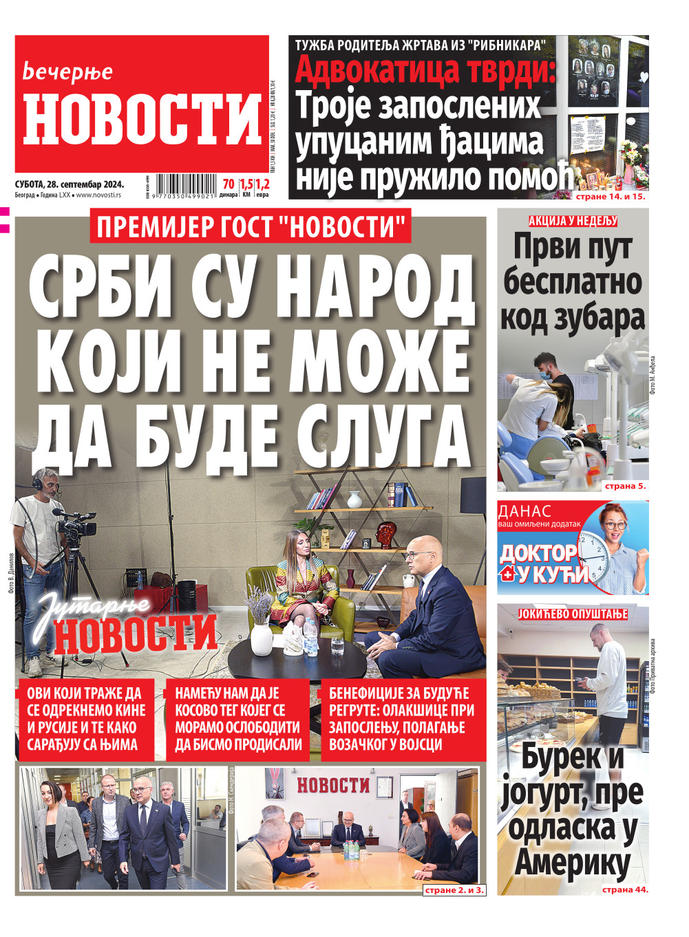 Večernje novosti - Naslovna strana - Štampano izdanje za 28.09.2024 ...