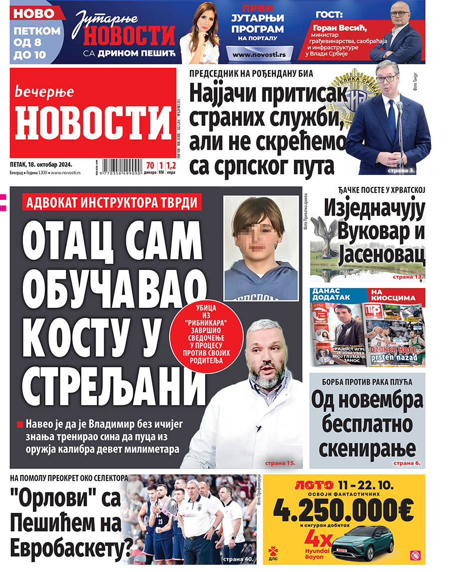 Večernje novosti - Naslovna strana - Štampano izdanje za 18.10.2024 ...