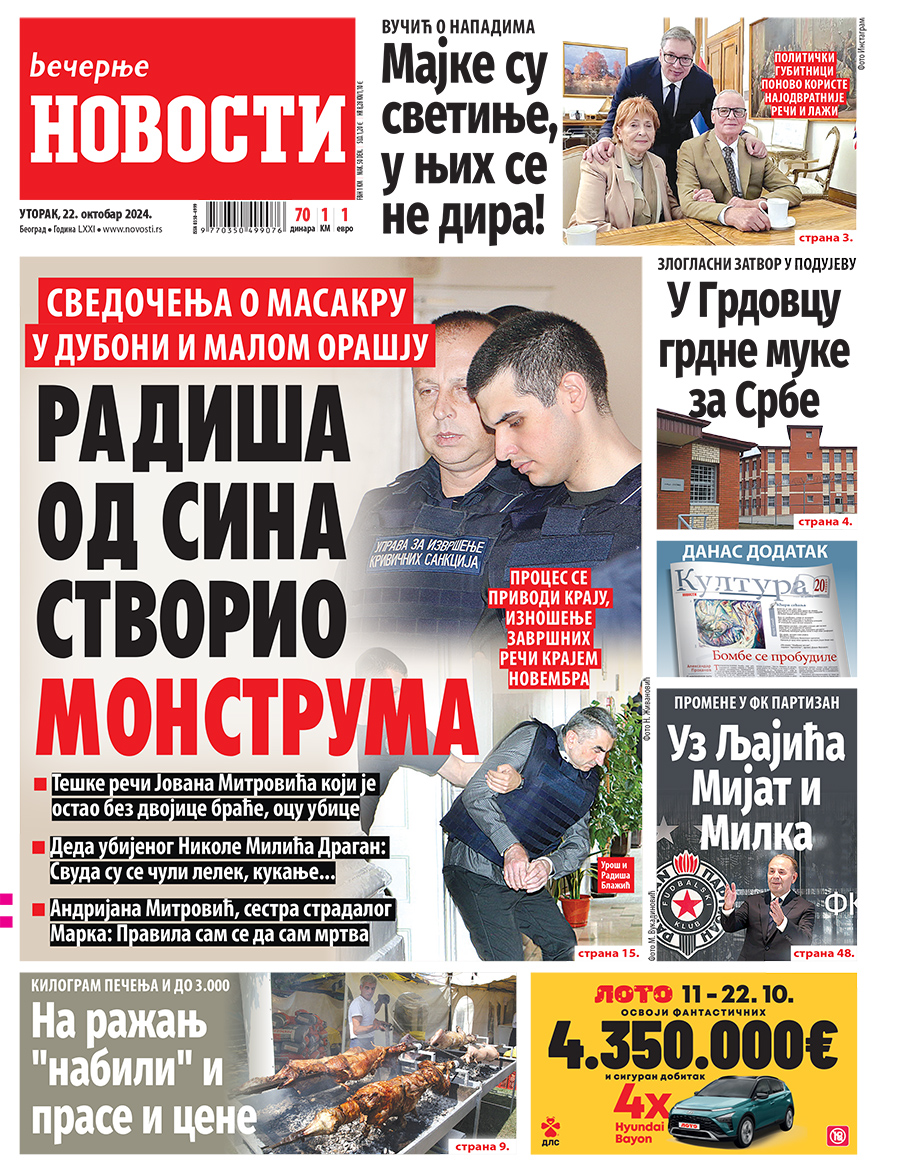 Večernje novosti - Naslovna strana - Štampano izdanje za 22.10.2024 ...