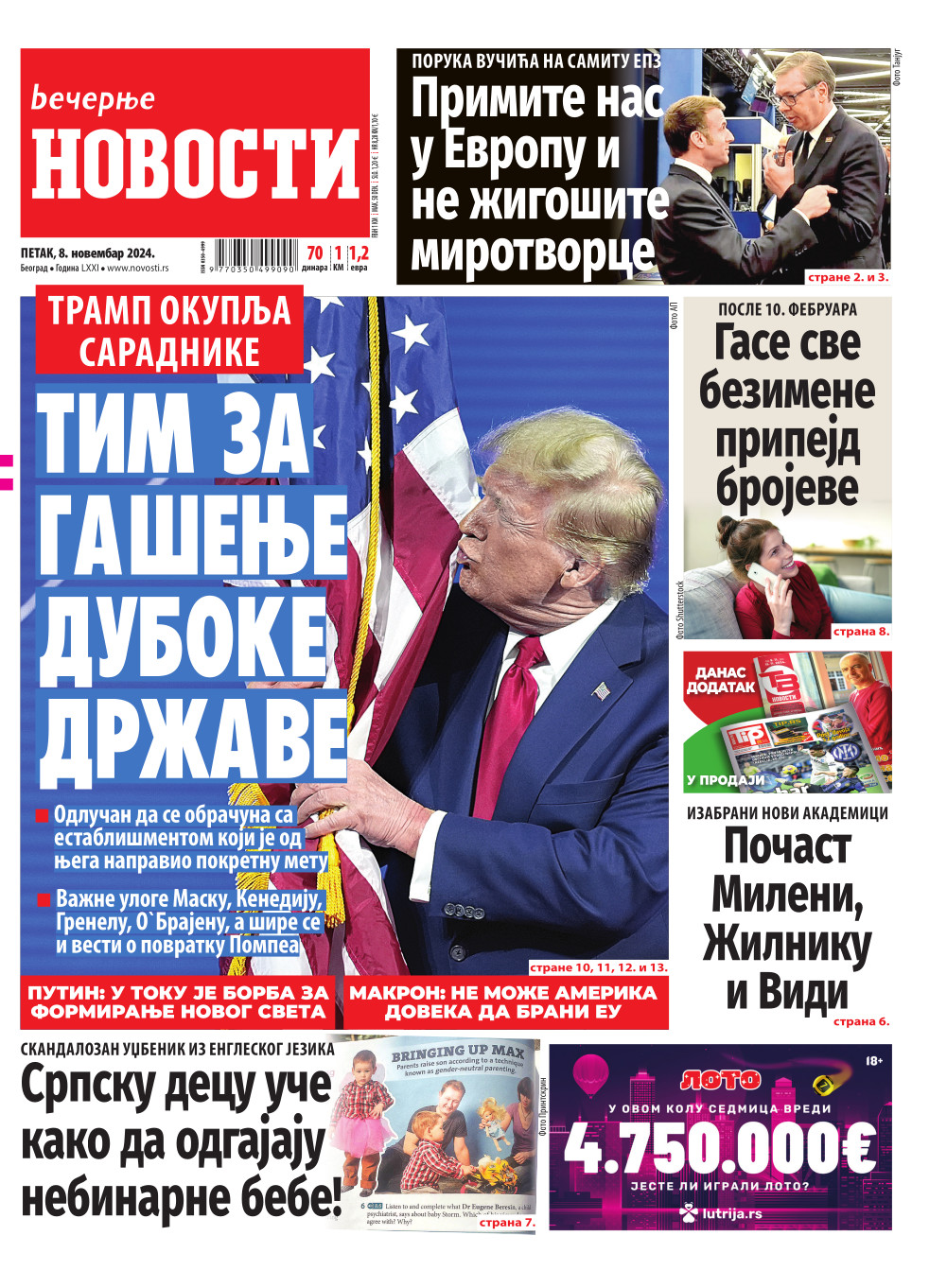 Večernje novosti - Naslovna strana - Štampano izdanje za 08.11.2024 ...