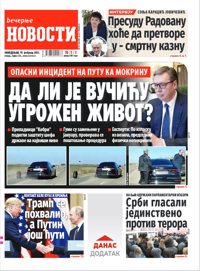 Večernje novosti - Naslovna strana - Štampano izdanje za 10.02.2025 ...