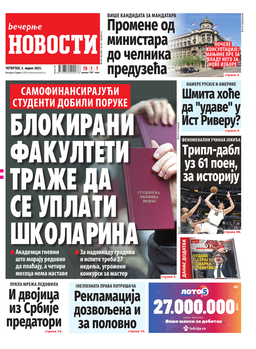 Večernje novosti - Naslovna strana - Štampano izdanje za 03.04.2025 ...