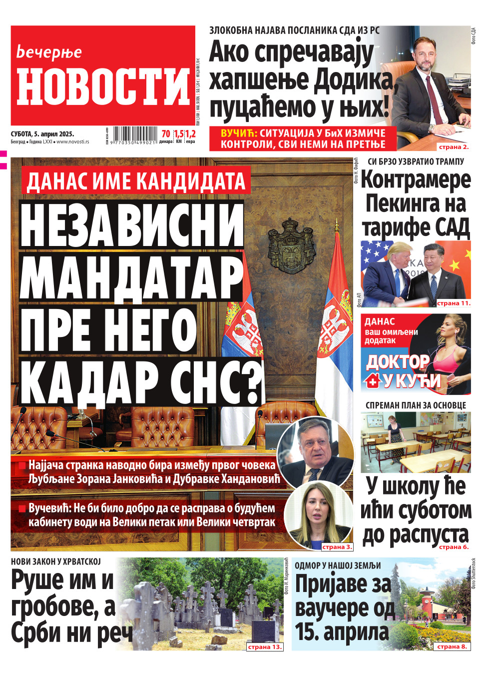Večernje novosti - Naslovna strana - Štampano izdanje za 05.04.2025 ...