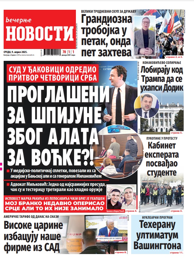 Večernje novosti - Naslovna strana - Štampano izdanje za 09.04.2025 ...