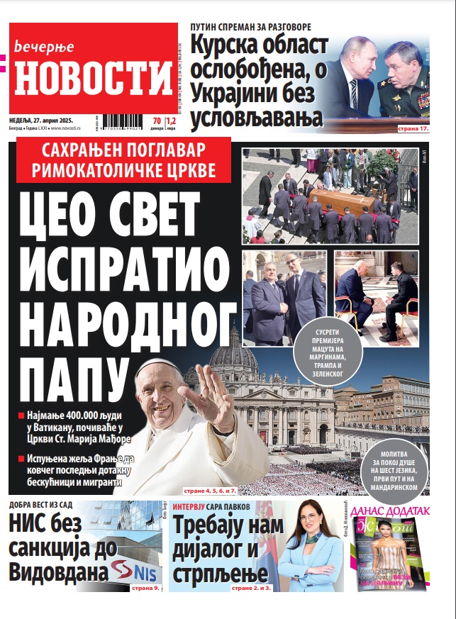 Večernje novosti - Naslovna strana - Štampano izdanje za 27.04.2025 ...